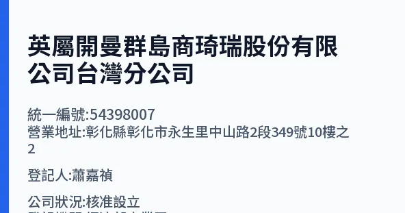 英屬開曼群島商琦瑞股份有限公司台灣分公司的照片-統編 54398007(彰化縣) 公司登記資料與營業項目詳細圖表