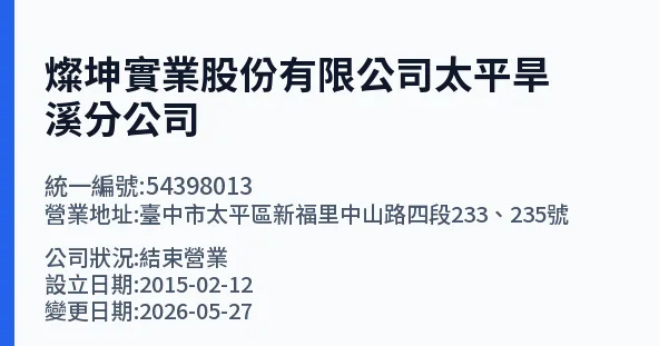 燦坤實業股份有限公司太平旱溪分公司的照片-統編 54398013(臺中市) 公司登記資料與營業項目詳細圖表