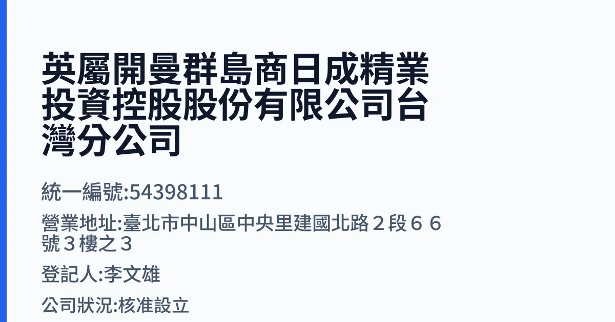 英屬開曼群島商日成精業投資控股股份有限公司台灣分公司 - 統編 54398111(臺北市) 公司登記資料與營業項目詳細圖表