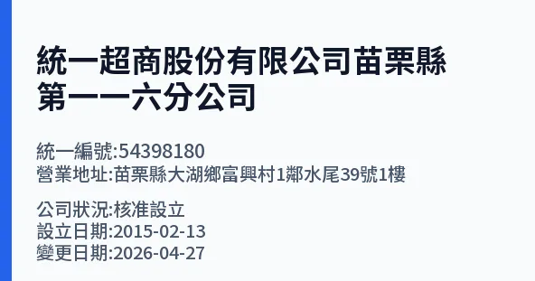 統一超商股份有限公司苗栗縣第一一六分公司的照片-統編 54398180(苗栗縣) 公司登記資料與營業項目詳細圖表