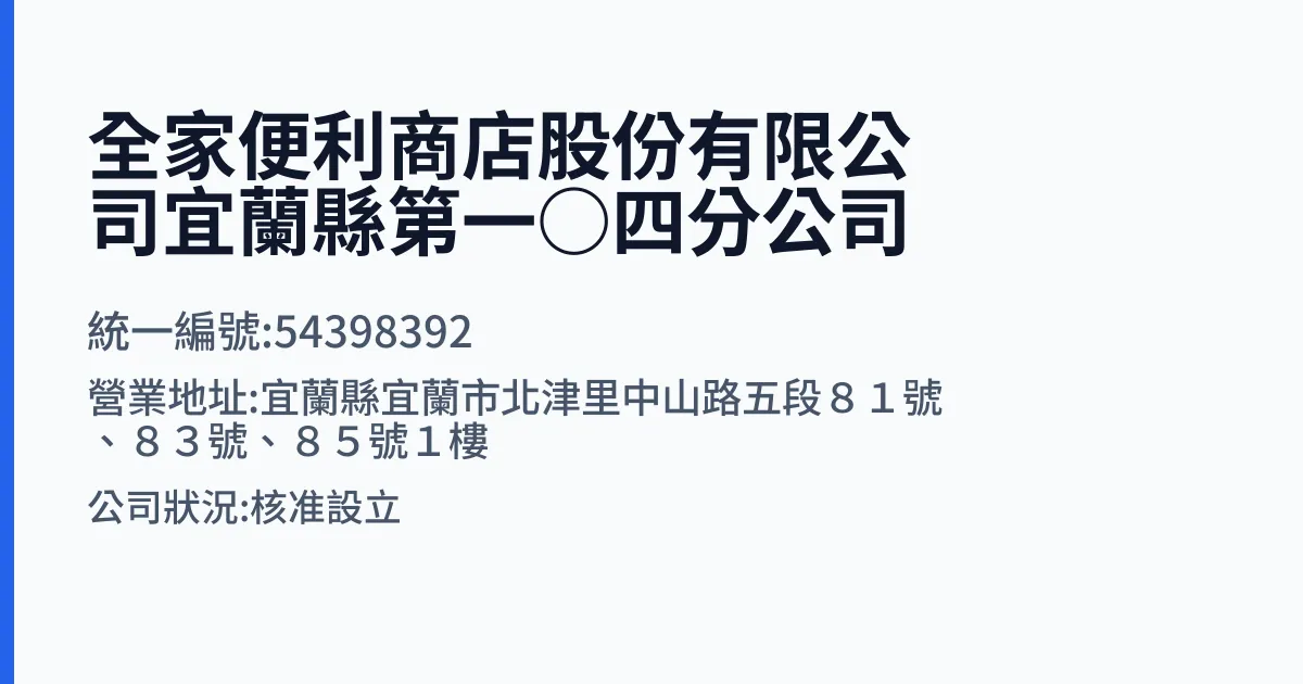 全家便利商店股份有限公司宜蘭縣第一○四分公司 - 統編 54398392（宜蘭縣） 公司登記資料與營業項目詳細圖表