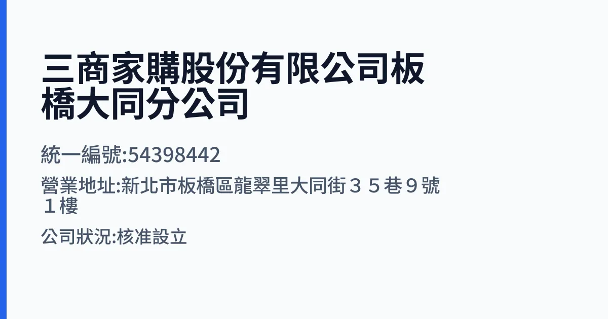 三商家購股份有限公司板橋大同分公司 - 統編 54398442(新北市) 公司登記資料與營業項目詳細圖表