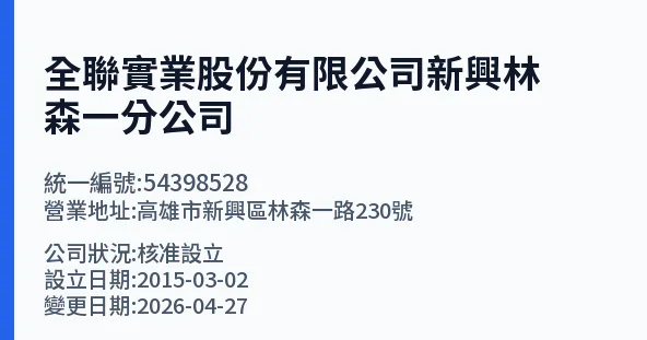 全聯實業股份有限公司新興林森一分公司的照片-統編 54398528(高雄市) 公司登記資料與營業項目詳細圖表