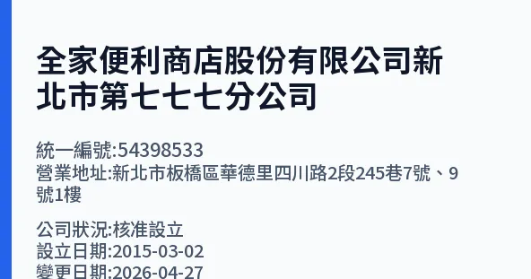 全家便利商店股份有限公司新北市第七七七分公司的照片-統編 54398533(新北市) 公司登記資料與營業項目詳細圖表