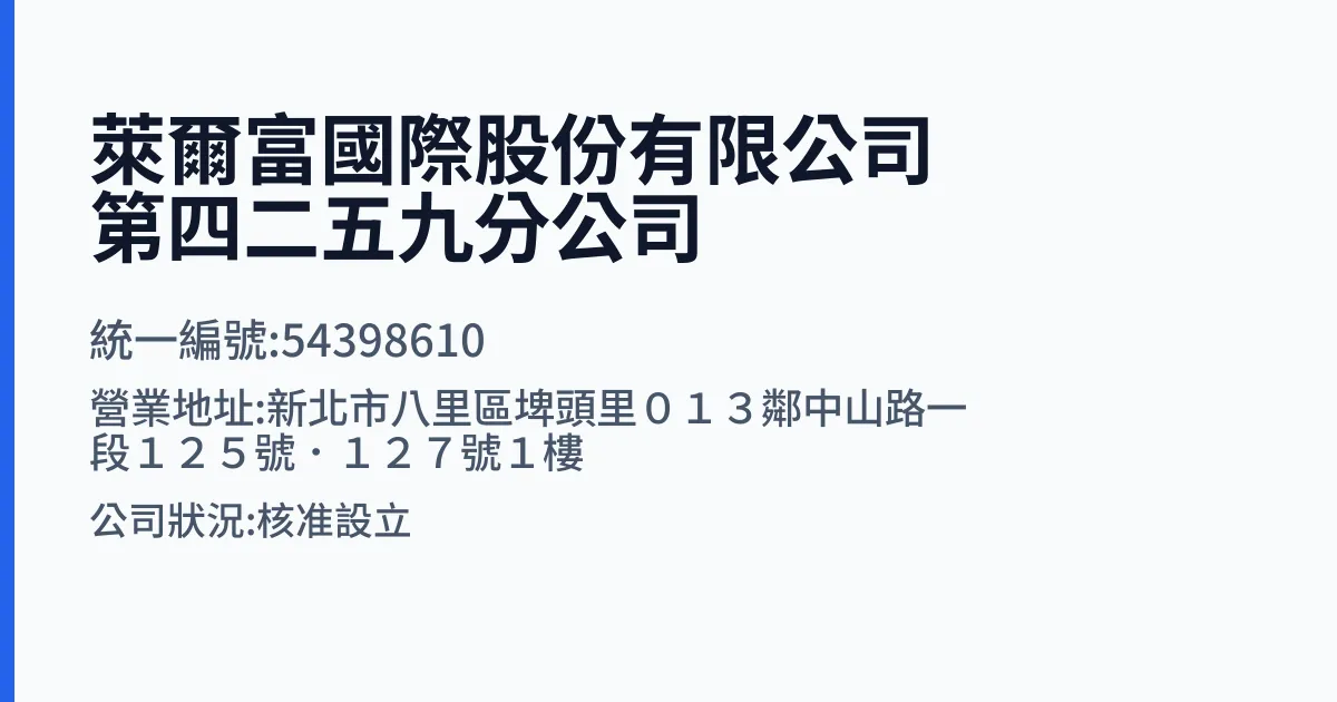 萊爾富國際股份有限公司第四二五九分公司 - 統編 54398610(新北市) 公司登記資料與營業項目詳細圖表