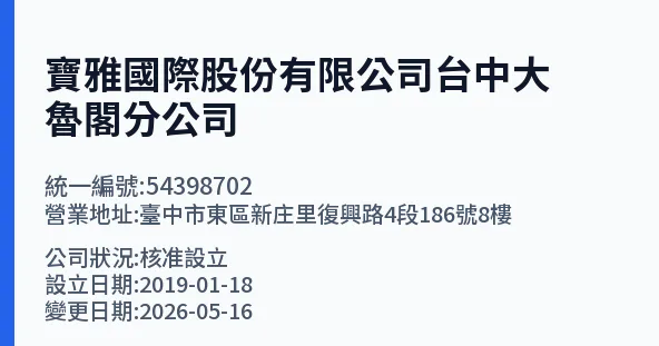 寶雅國際股份有限公司台中大魯閣分公司的照片-統編 54398702(臺中市) 公司登記資料與營業項目詳細圖表