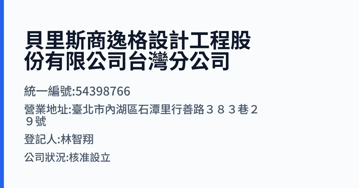 貝里斯商逸格設計工程股份有限公司台灣分公司 - 統編 54398766(臺北市) 公司登記資料與營業項目詳細圖表