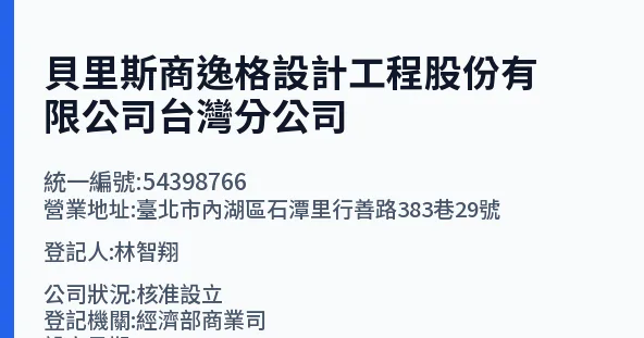 貝里斯商逸格設計工程股份有限公司台灣分公司的照片-統編 54398766(臺北市) 公司登記資料與營業項目詳細圖表