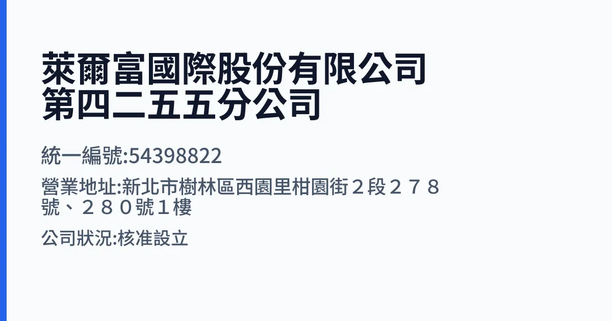 萊爾富國際股份有限公司第四二五五分公司 - 統編 54398822(新北市) 公司登記資料與營業項目詳細圖表