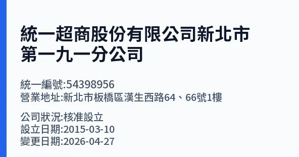 統一超商股份有限公司新北市第一九一分公司的照片-統編 54398956(新北市) 公司登記資料與營業項目詳細圖表