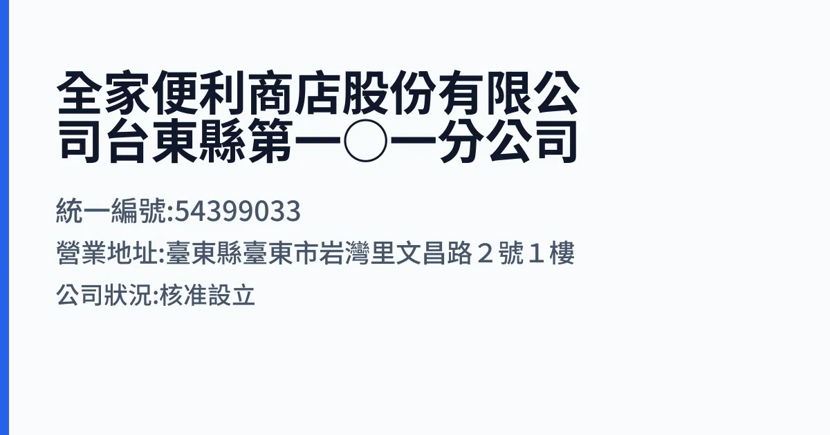 全家便利商店股份有限公司台東縣第一○一分公司 - 統編 54399033(臺東縣) 公司登記資料與營業項目詳細圖表
