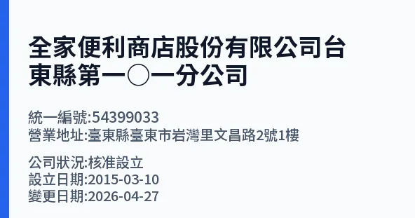 全家便利商店股份有限公司台東縣第一○一分公司的照片-統編 54399033(臺東縣) 公司登記資料與營業項目詳細圖表