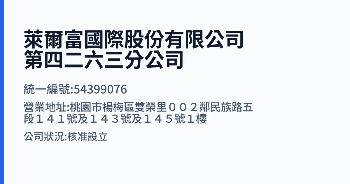 萊爾富國際股份有限公司第四二六三分公司 - 統編 54399076(桃園市) 公司登記資料與營業項目詳細圖表
