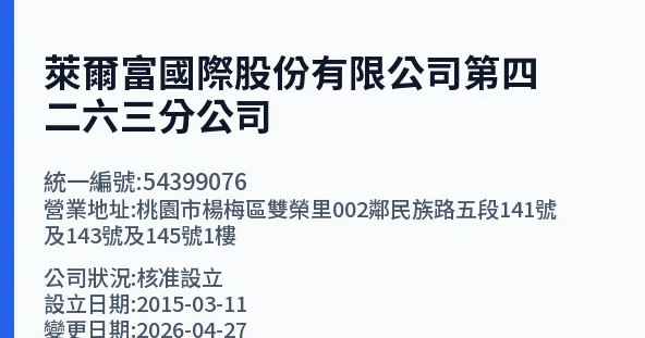 萊爾富國際股份有限公司第四二六三分公司的照片-統編 54399076(桃園市) 公司登記資料與營業項目詳細圖表