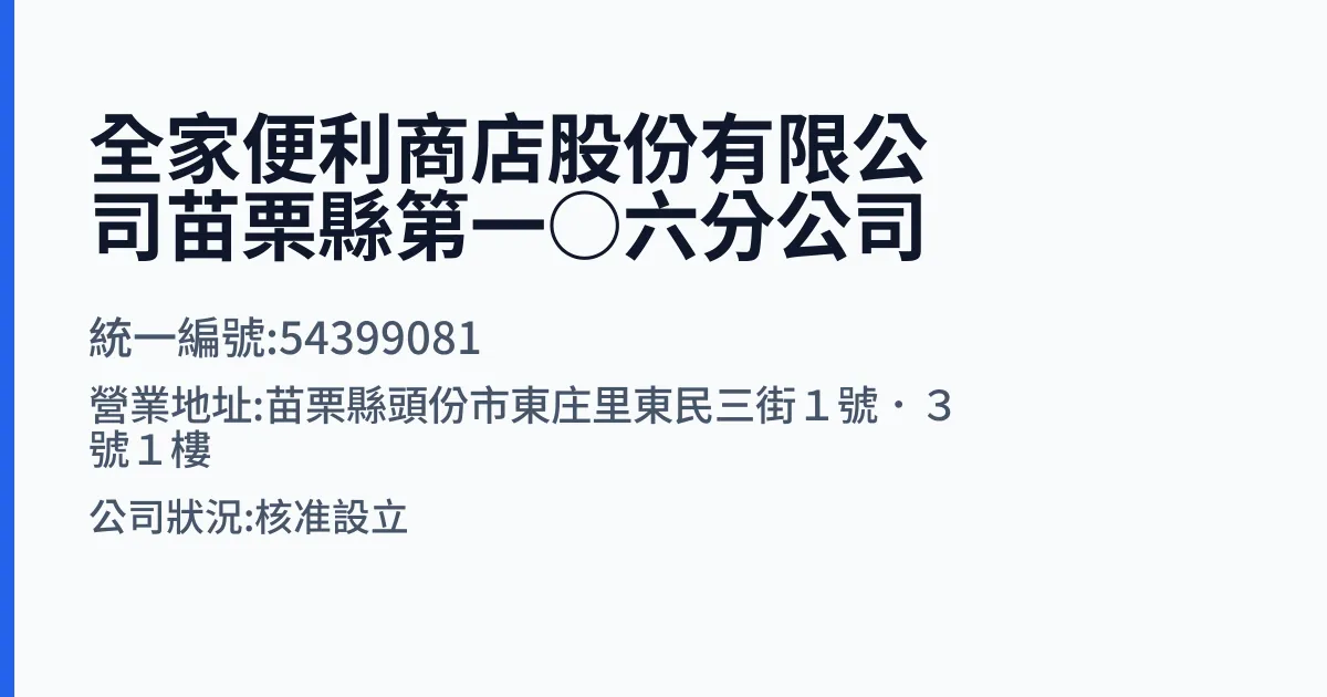 全家便利商店股份有限公司苗栗縣第一○六分公司 - 統編 54399081(苗栗縣) 公司登記資料與營業項目詳細圖表