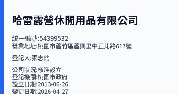 哈雷露營休閒用品有限公司的照片-統編 54399532(桃園市) 公司登記資料與營業項目詳細圖表