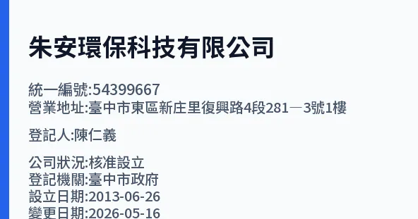 朱安環保科技有限公司的照片-統編 54399667(臺中市) 公司登記資料與營業項目詳細圖表