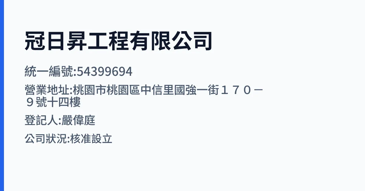 冠日昇工程有限公司 - 統編 54399694(桃園市) 公司登記資料與營業項目詳細圖表