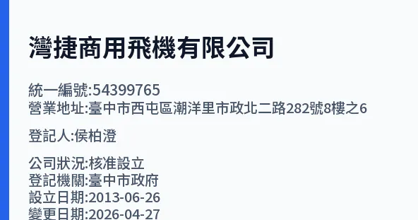 灣捷商用飛機有限公司的照片-統編 54399765(臺中市) 公司登記資料與營業項目詳細圖表