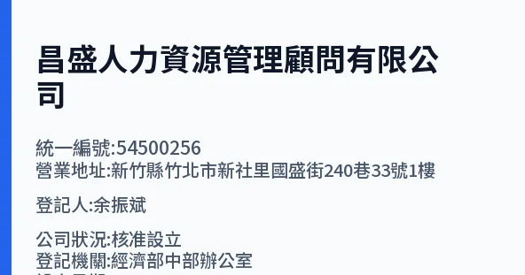 昌盛人力資源管理顧問有限公司的照片-統編 54500256(新竹縣) 公司登記資料與營業項目詳細圖表