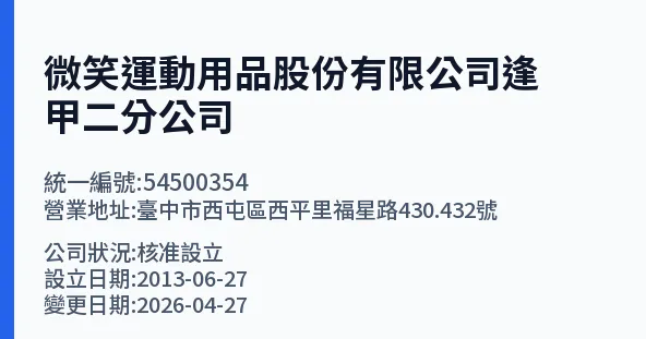 微笑運動用品股份有限公司逢甲二分公司的照片-統編 54500354(臺中市) 公司登記資料與營業項目詳細圖表