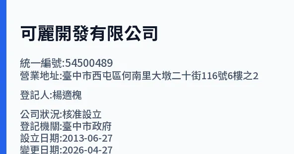 可麗開發有限公司的照片-統編 54500489(臺中市) 公司登記資料與營業項目詳細圖表