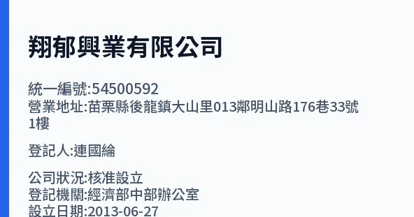 翔郁興業有限公司的照片-統編 54500592(苗栗縣) 公司登記資料與營業項目詳細圖表