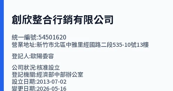 創欣整合行銷有限公司的照片-統編 54501620(新竹市) 公司登記資料與營業項目詳細圖表