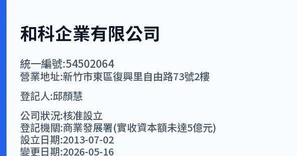 和科企業有限公司的照片-統編 54502064(新竹市) 公司登記資料與營業項目詳細圖表