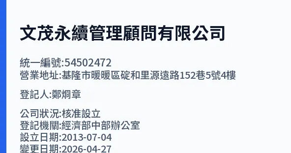 文茂永續管理顧問有限公司的照片-統編 54502472(基隆市) 公司登記資料與營業項目詳細圖表