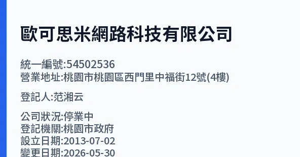 歐可思米網路科技有限公司的照片-統編 54502536(桃園市) 公司登記資料與營業項目詳細圖表