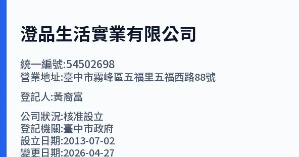 澄品生活實業有限公司的照片-統編 54502698(臺中市) 公司登記資料與營業項目詳細圖表