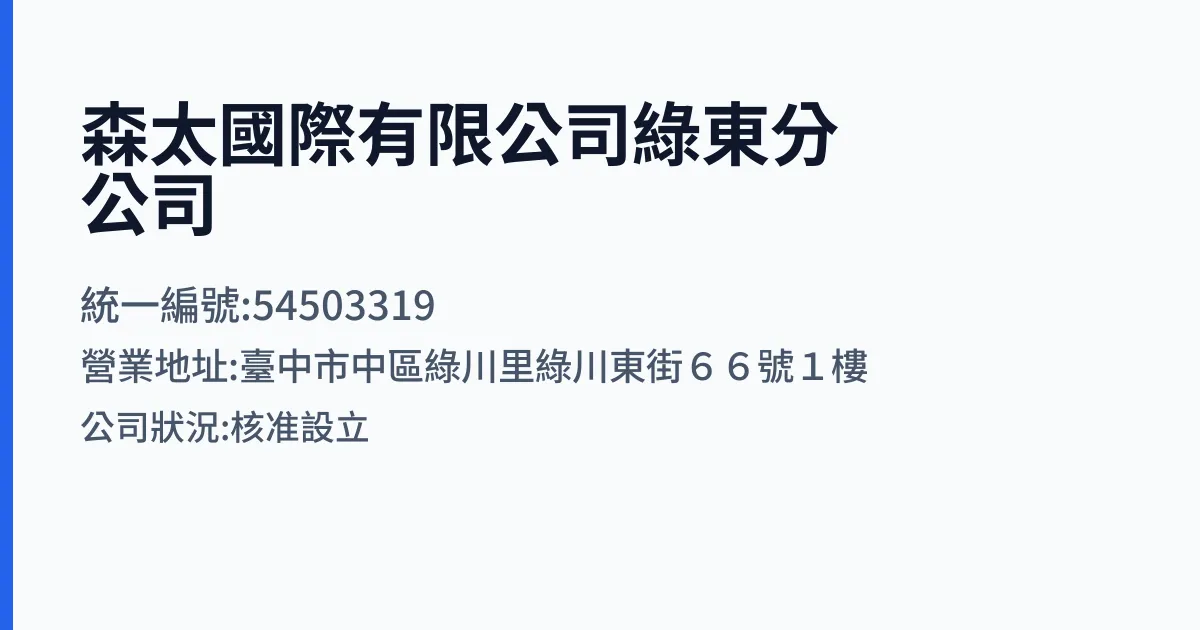 森太國際有限公司綠東分公司 - 統編 54503319(臺中市) 公司登記資料與營業項目詳細圖表