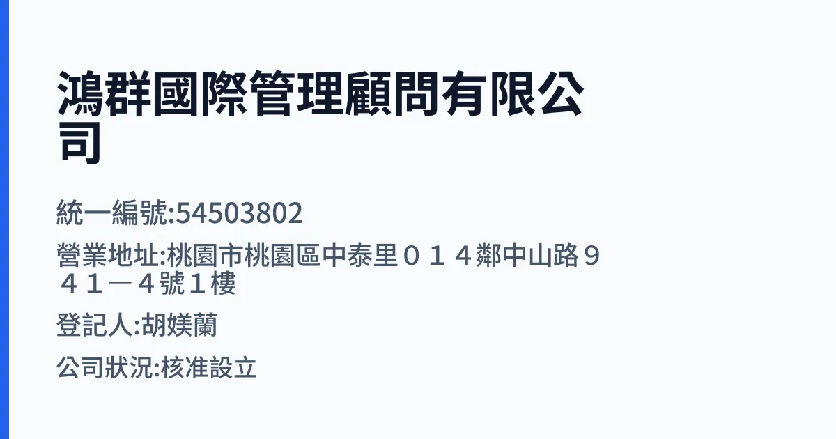 鴻群國際管理顧問有限公司 - 統編 54503802(桃園市) 公司登記資料與營業項目詳細圖表