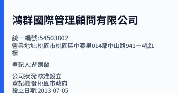 鴻群國際管理顧問有限公司的照片-統編 54503802(桃園市) 公司登記資料與營業項目詳細圖表