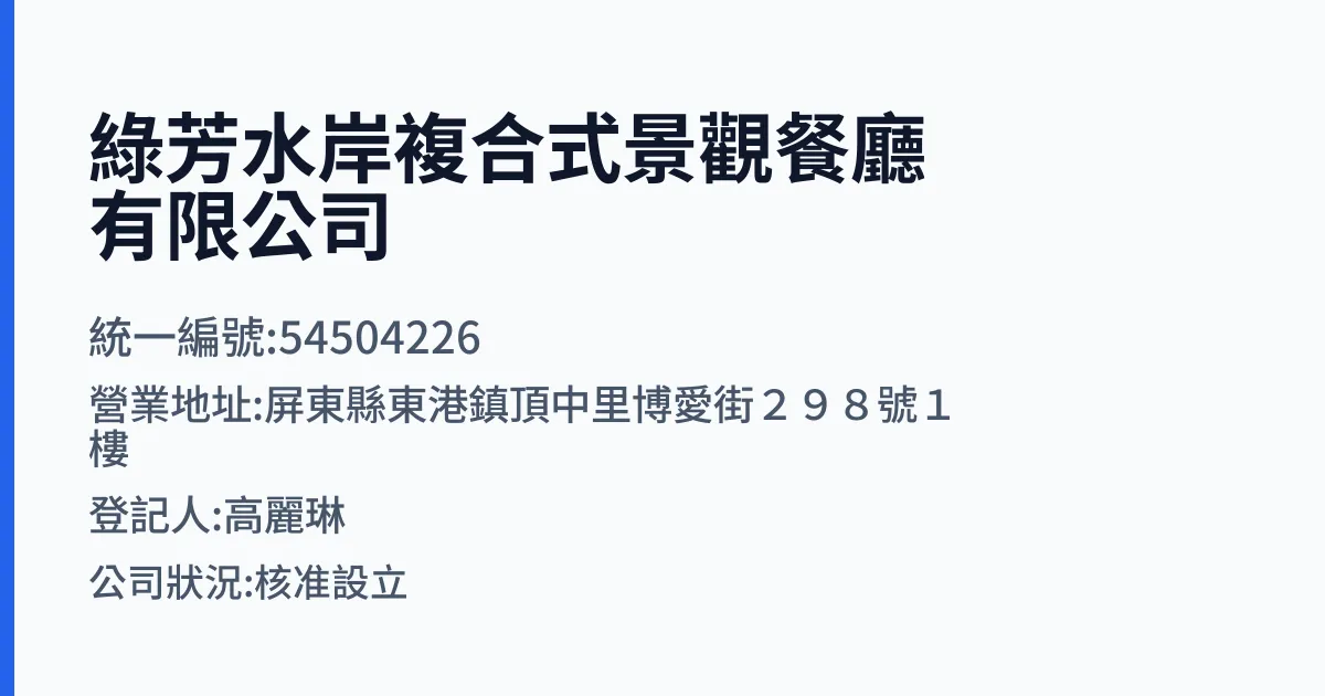 綠芳水岸複合式景觀餐廳有限公司 - 統編 54504226(屏東縣) 公司登記資料與營業項目詳細圖表