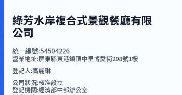 綠芳水岸複合式景觀餐廳有限公司的照片-統編 54504226(屏東縣) 公司登記資料與營業項目詳細圖表