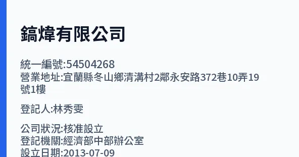 鎬煒有限公司的照片-統編 54504268(宜蘭縣) 公司登記資料與營業項目詳細圖表