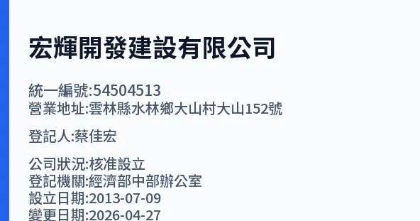 宏輝開發建設有限公司的照片-統編 54504513(雲林縣) 公司登記資料與營業項目詳細圖表
