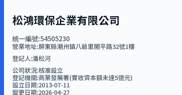 松鴻環保企業有限公司的照片-統編 54505230(屏東縣) 公司登記資料與營業項目詳細圖表