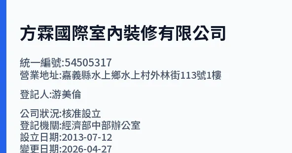 方霖國際室內裝修有限公司的照片-統編 54505317(嘉義縣) 公司登記資料與營業項目詳細圖表