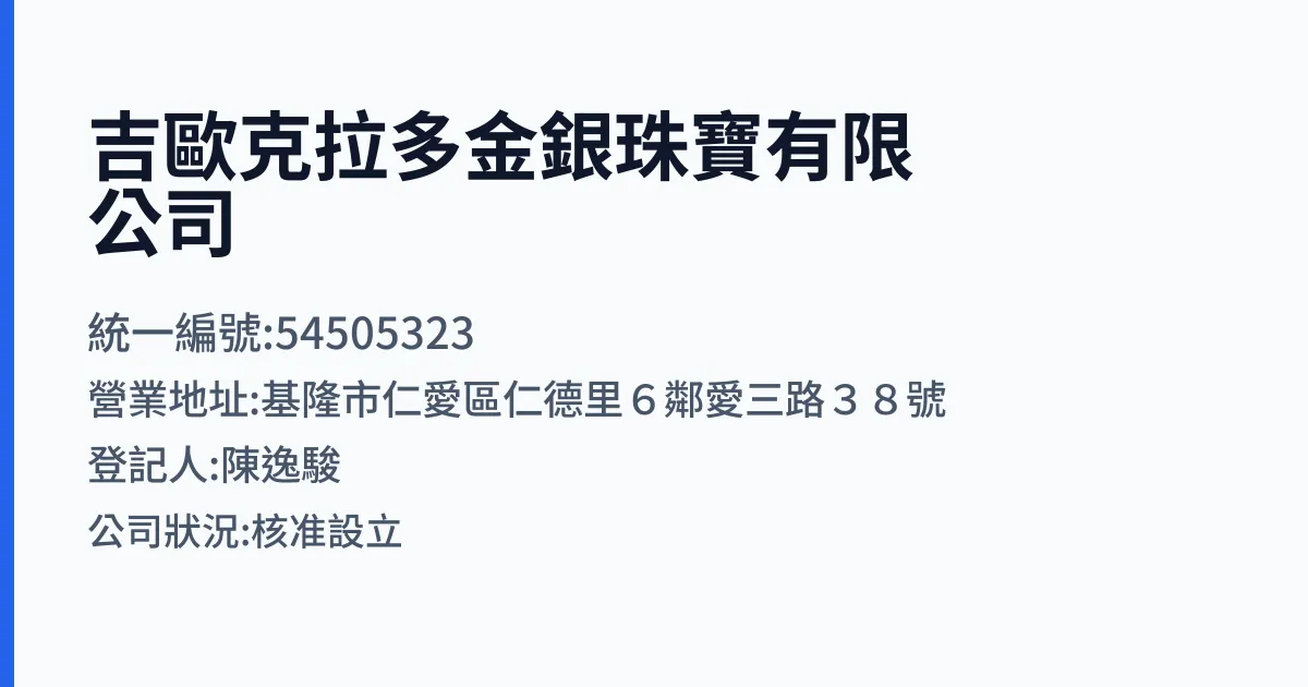 吉歐克拉多金銀珠寶有限公司 - 統編 54505323(基隆市) 公司登記資料與營業項目詳細圖表