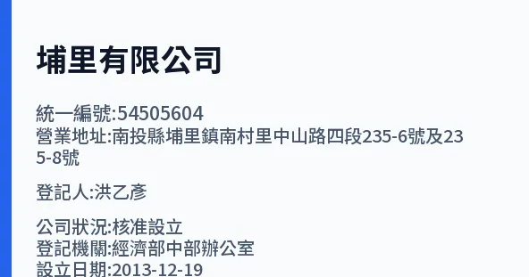 埔里有限公司的照片-統編 54505604(南投縣) 公司登記資料與營業項目詳細圖表