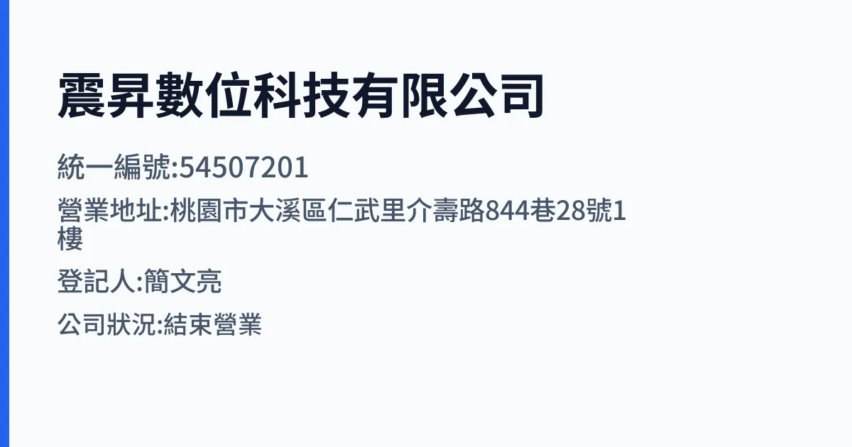 震昇數位科技有限公司 - 統編 54507201(桃園市) 公司登記資料與營業項目詳細圖表