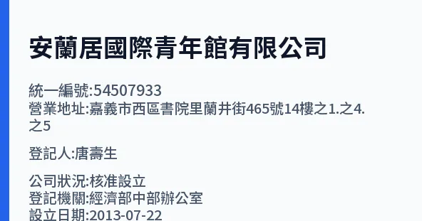 安蘭居國際青年館有限公司的照片-統編 54507933(嘉義市) 公司登記資料與營業項目詳細圖表