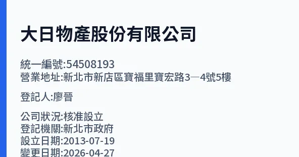 大日物產股份有限公司的照片-統編 54508193(新北市) 公司登記資料與營業項目詳細圖表