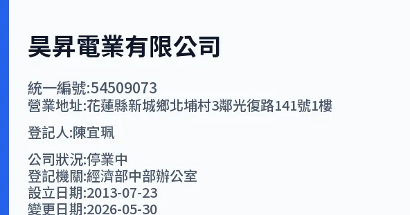昊昇電業有限公司的照片-統編 54509073(花蓮縣) 公司登記資料與營業項目詳細圖表
