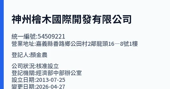 神州檜木國際開發有限公司的照片-統編 54509221(嘉義縣) 公司登記資料與營業項目詳細圖表