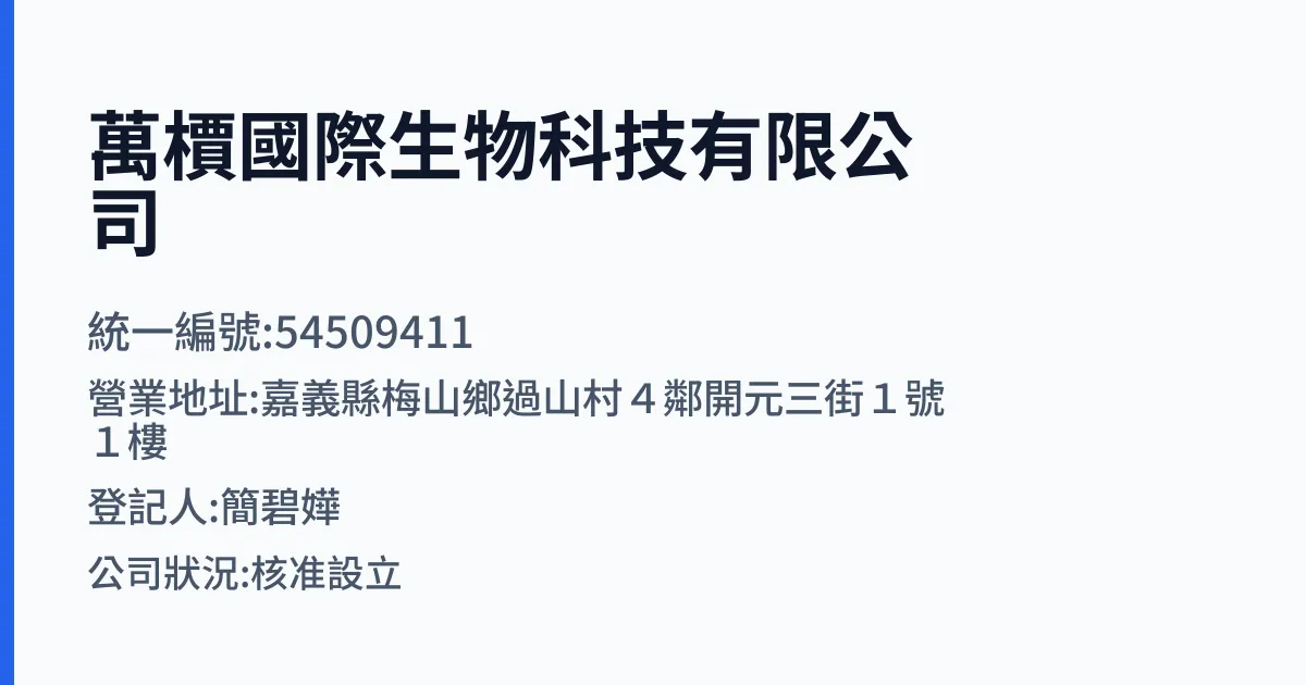萬檟國際生物科技有限公司 - 統編 54509411(嘉義縣) 公司登記資料與營業項目詳細圖表