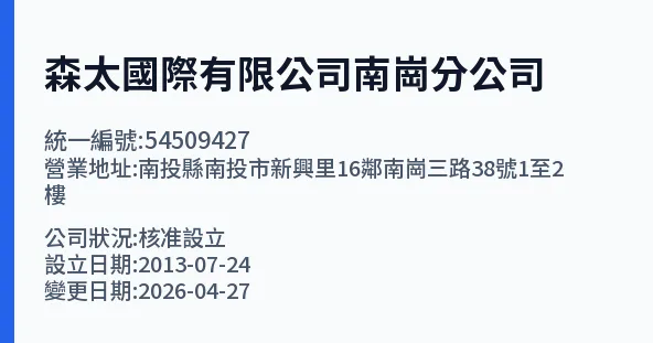 森太國際有限公司南崗分公司的照片-統編 54509427(南投縣) 公司登記資料與營業項目詳細圖表